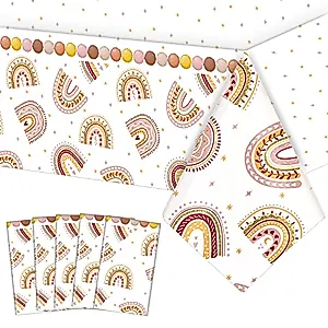 Boho Rainbow Tablecloths Boho Party Table Covers 86.6 x 51.2 Inches Boho Rainbow Party Decorations Bohemian Table Cover Plastic Table Cloth for Boho Birthday Party Baby Shower Decor Supplies (5 Pack)