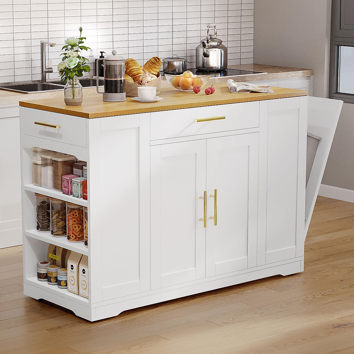 YITAHOME 53 inch Large Rolling Kitchen Island with Trash Can Storage Cabinet, Portable Mobile Islands Table Long Floating Movable w Wheels Cabinet for 13 Gallon Garbage Bin 2 Drawer, White Oak
