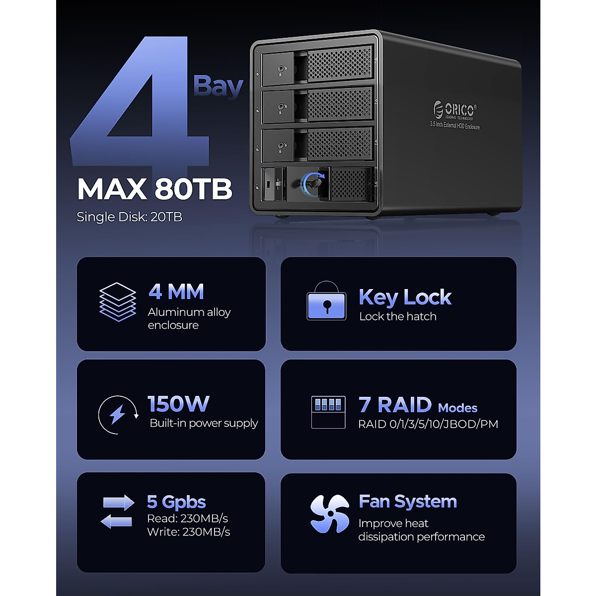 ORICO 4 Bay Raid Hard Drive Enclosure Aluminum with Hard Drive Tray-Less Design HDD Enclosure Max Up to 80TB Support RAID 0/1/3/5/10/JBOD/Single Mode, Designed with Safety Lock -9548RU3
