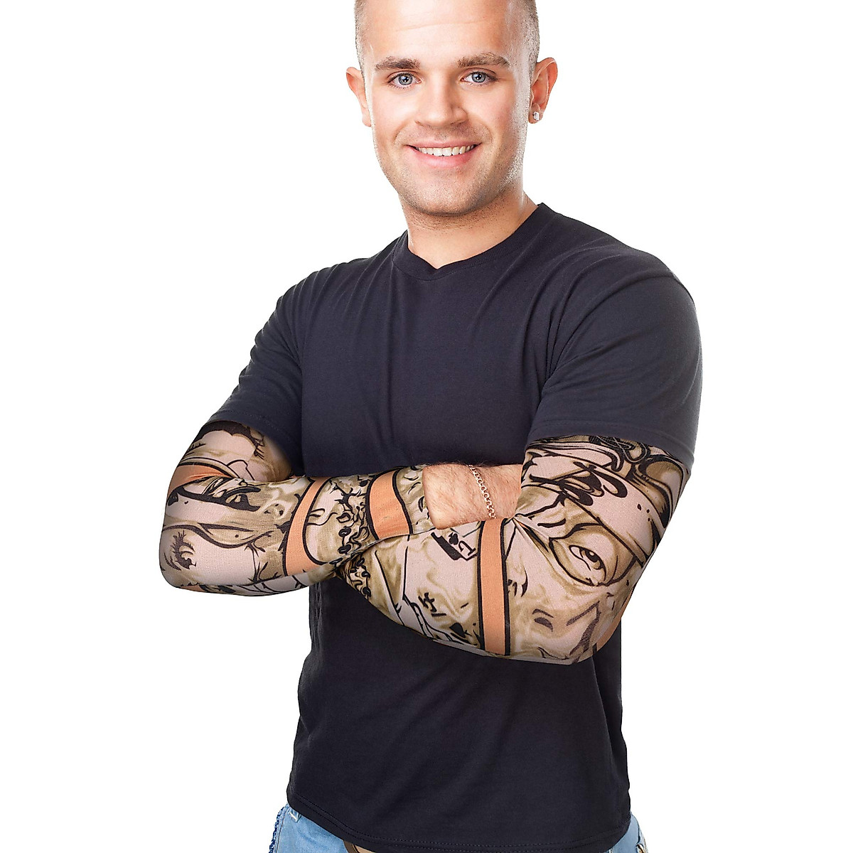 Boao 10 Pairs Arm Tattoo Sleeves for Men UV Sun Protection Arm Compression Sleeves for Gardening Sport Cycling Fishing