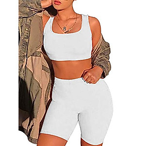 GOBLES Women's Sexy Bodycon Tank Crop Top Shorts Sets Club 2 Piece Outfits White