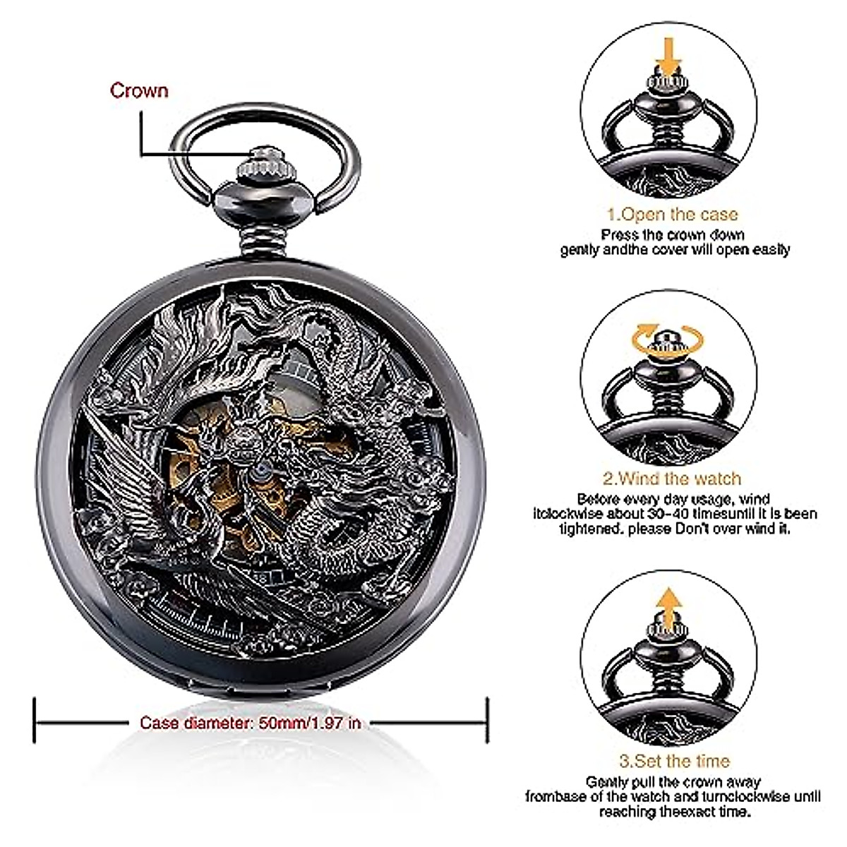 ManChDa Antique Mechanical Pocket Watches for Men Lucky Dragon Phoenix Pocket Watch with Chain Black Skeleton Dial Roman Numberals Gifts for Fathers Day