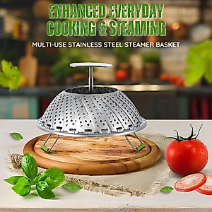 Flexzion Vegetable Steamer Basket for Pot - Stainless Steel Steaming Basket for Veggie, Fish, Meats, Eggs - Extendable Expandable Foldable Steam Basket w/Handle for Various Pot Size, 7 to 11 Inch
