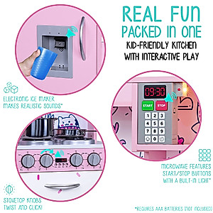 Lil' Jumbl Kids Kitchen Set, Pretend Wooden Play Kitchen, Battery Operated Icemaker & Microwave with Realistic Sound, Pots & Pan Included - Pink