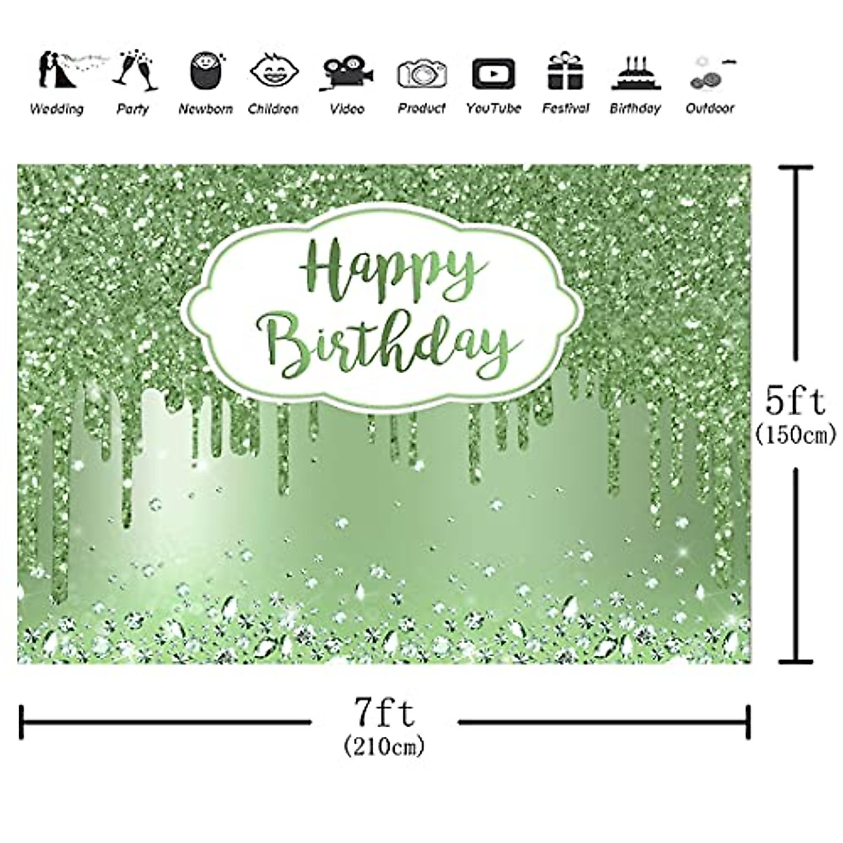 Aperturee 7x5ft Army Green Happy Birthday Backdrop Glitter Diamonds Girls Sweet 16 18th 21st 30th Women Photography Background Banner Supplies Photo Booth Studio Props Party Decoration Cake Table