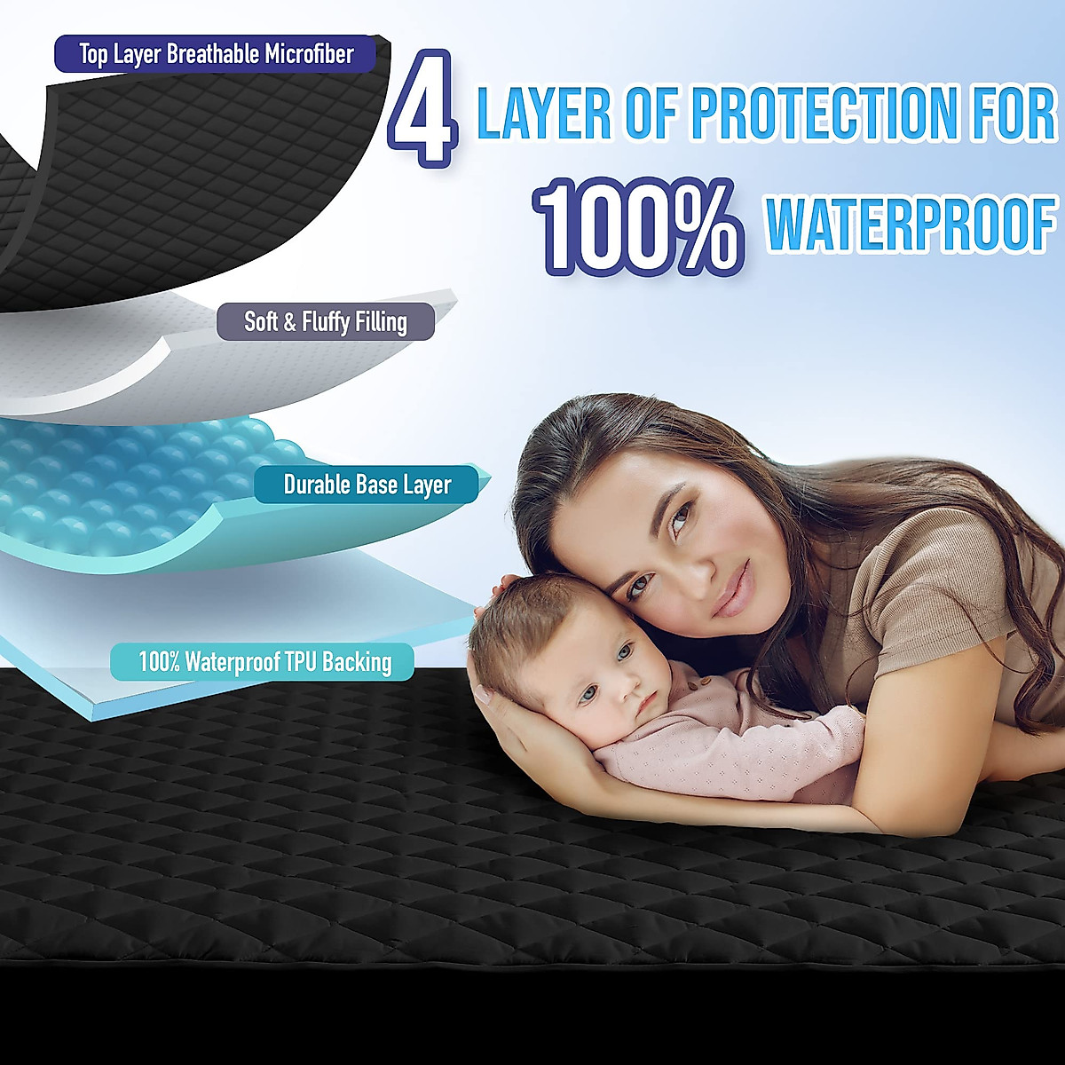 HYLEORY Queen Size Waterproof Mattress Pad Protector, Breathable Quilted Mattress Cover Noiseless Waterproof Fitted Sheet Mattress Topper Upto 21" Deep Pocket, Black
