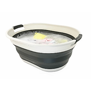 SAMMART 39L (10.3 gallons) Collapsible Plastic Laundry Basket - Foldable Washing Tub - Easy Storage & Pop Up Saving (Grey/Washed Black)