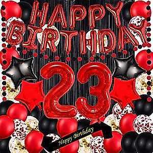 Red 23RD Birthday Party Decorations Supplies Red theme 16inch Red Foil Happy Birthday Balloons Banner Happy Birthday sash Foil Black Curtains Foil Balloons Number Red 23 Risehy