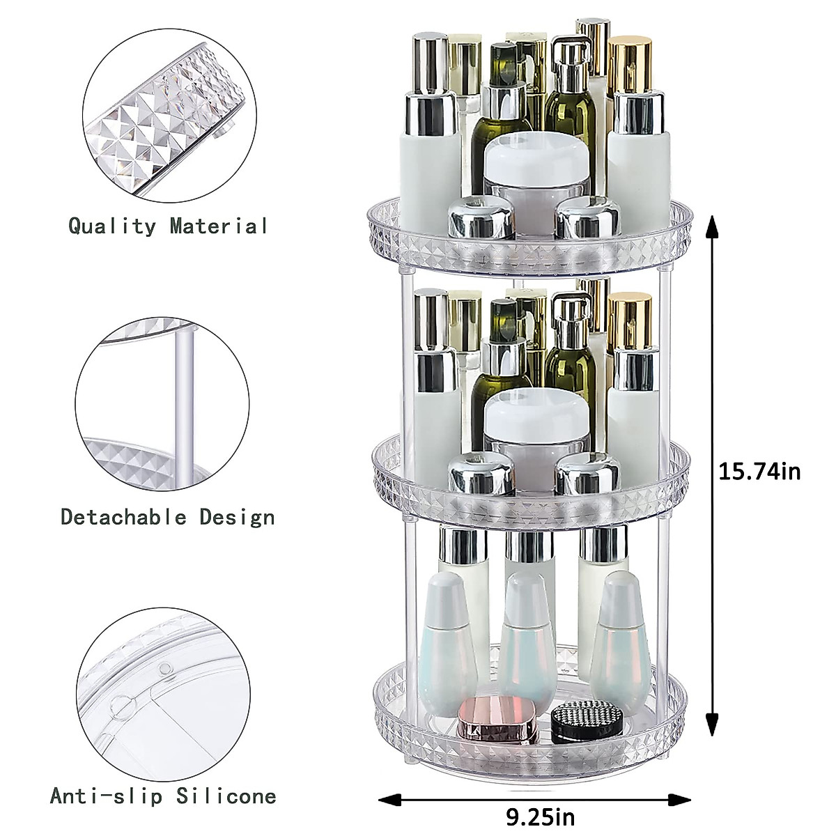 KSDSOAM 3 Tier 360 Rotating Makeup Organizer and Storage,Skincare Organizers Cosmetic Display Case Perfume Holder Rotating Tray Storage Carousel for Vanity Bathroom Organizer Countertop（Clear）