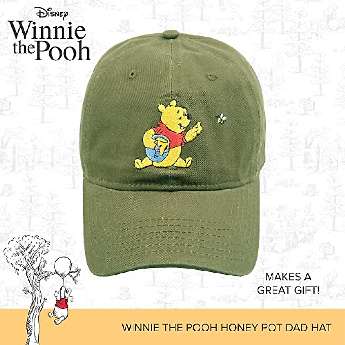 Disney Winnie The Pooh Dad Hat, Cotton Adjustable Adult Baseball Cap with Curved Brim, Olive, One Size
