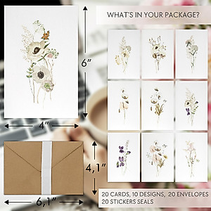 KIBAGA Beautiful Greetings Cards Set of 20 with Envelopes & Stickers - Tasteful Assorted Get Well Blank Note Cards 4x6 in Flower Artwork Design - Perfect Stationary Set For All Occasions