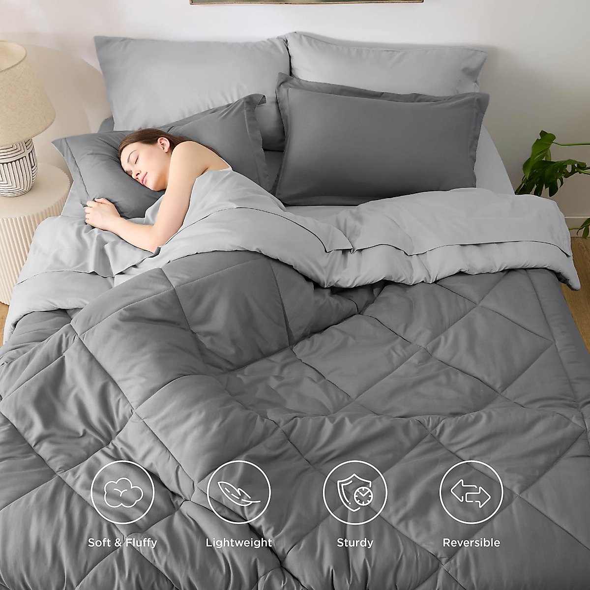 Bedsure Full Size Comforter Set - 7 Pieces Reversible Grey Bedding, Full Size Bed Set for All Seasons, Bed in a Bag with Down Alternative Comforter, Sheets, Pillowcases & Shams