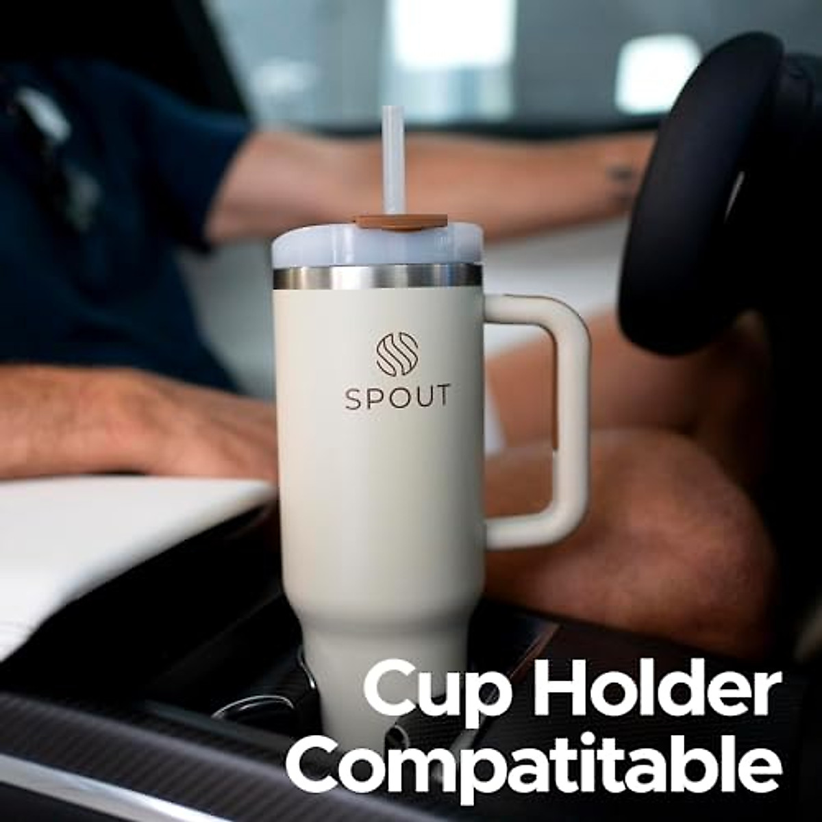 SPOUT 40 oz Tumbler With Handle And Straw, Insulated Stainless Steel Water Bottle With Straw - Travel Mug | BPA Safe Tumblers | Iced Drinks, Water, Cold/Hot Coffee - Cupholder Friendly - Cream