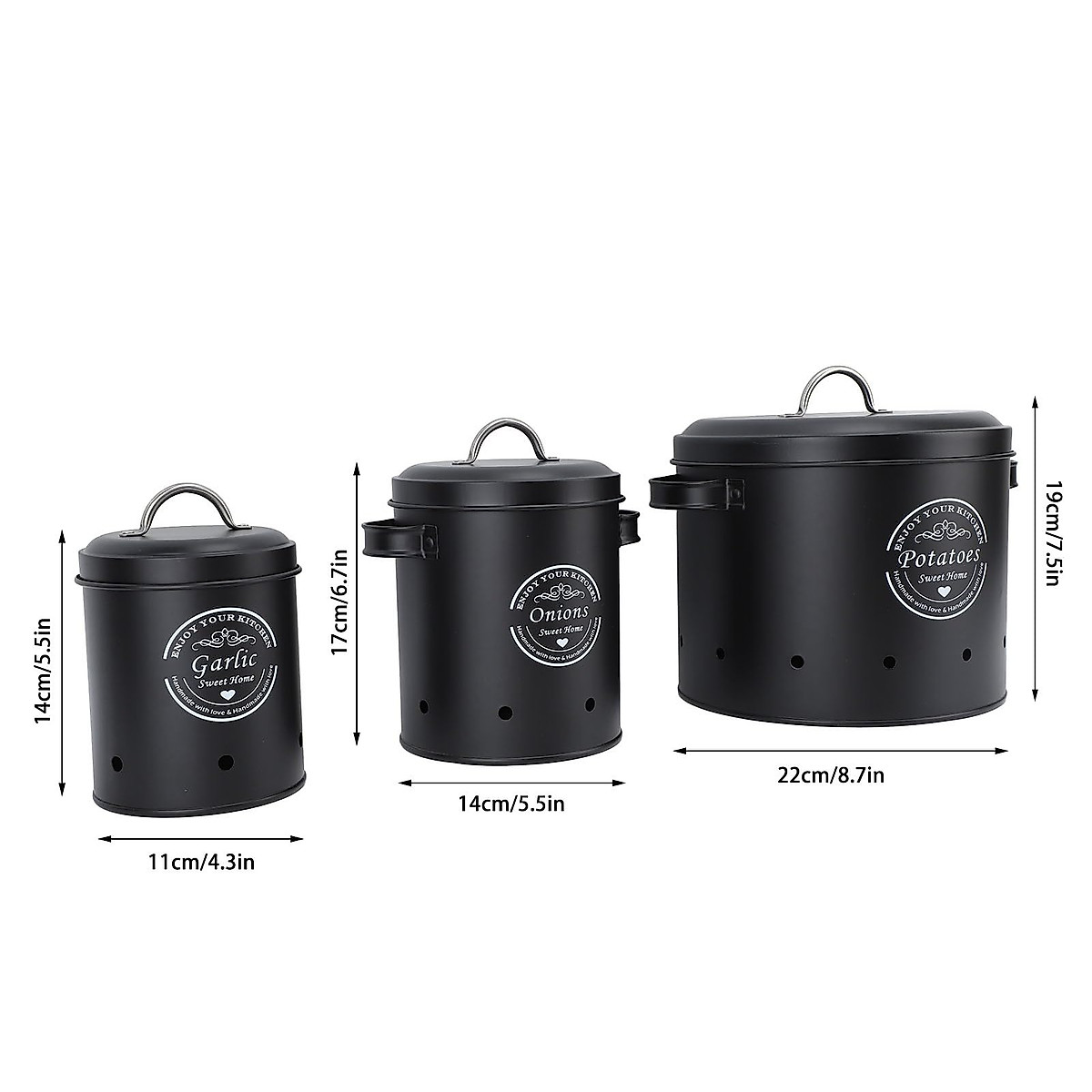 3Pcs Potato and Onion Storage Bin Set, Kitchen Vegetable Storage Tins, Onion Storage Garlic Keeper, Carbon Steel Farmhouse Potatoes Holder for Potatoes, Onions (Black)