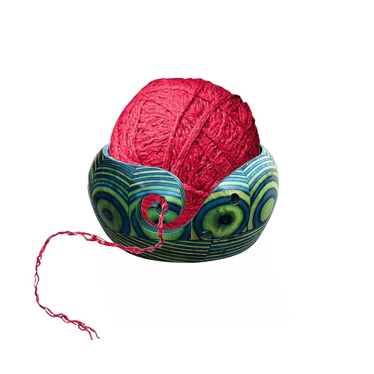 Rainbow Wood Yarn Bowl (6x3inch) for Crocheting and Knitting with Project Bag | Handmade Mango Wood Craft Organizer/Holder with Holes | Yarn/Wool/String Storage Accessory| (Blue/Green)