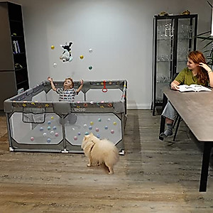 59" ×59"Playard with Gates,Indoor Baby playpen,Detachable and Assembled Children Fence, Babies Enclosure with Cute Pattern,Small Playground for Kids, Infant Care Playpin|Light Grey