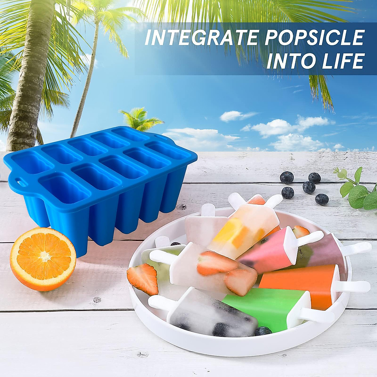 Midnadiy Silicone Popsicle Molds with Sticks, Easy Release Popsicle Maker Mold Set, BPA Free Ice Pop Mold, 10-Cavity Homemade Ice Cream Mold for Kids, Toddlers, Adults