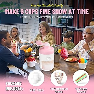 JoyMech Manual Shaved Ice Maker Machine Set with 10 Cardboard Cones, 10 Slushy Straws and 3 Ice Trays, Instant Ice Shaver, Snow Cone Machine, Ideal for making Snowcones and Slushy (Pink)