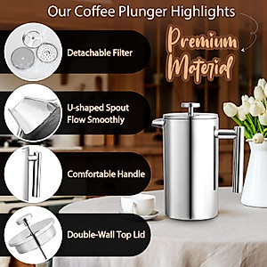 34oz French Press Coffee Maker, 1000ml Stainless Steel Double Insulated Cafetiere 8 Cup Espresso Coffee Press, Portable Coffee Plunger Pot for Home, Office, Camping