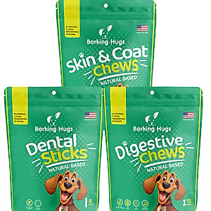 Barking Hugs Skin & Coat Chews and Digestive Chews and Dental Sticks