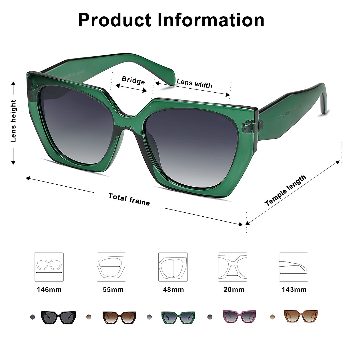 SOJOS Big Trendy Polarized Sunglasses Womens Oversized Cateye Sunnies Lentes De Sol Para Mujer SJ2205, Clear Green/Grey