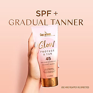 Coppertone Glow Protect and Tan Sunscreen Lotion with Gradual Self Tanner SPF 45, Water Resistant Sunscreen, SPF 45 Broad Spectrum Sunscreen SPF 45, 5 Fl Oz Tube
