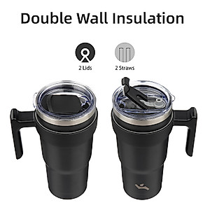Konokyo 20 oz Tumbler with Handle and 2 Straw 2 Lid, Insulated Water Bottle Stainless Steel Vacuum Cup Reusable Travel Mug,Black