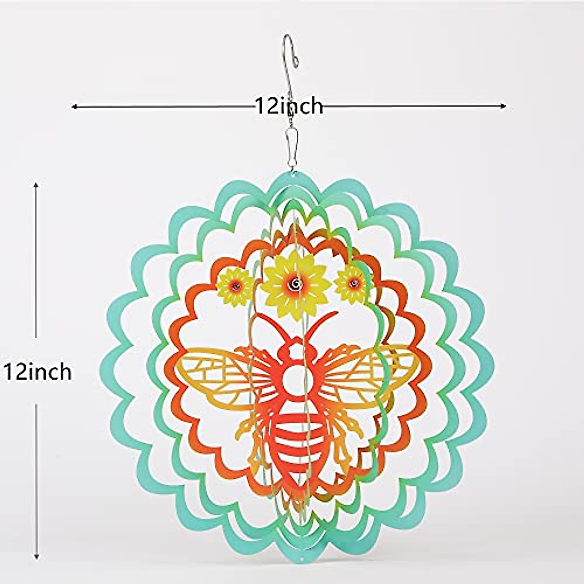 HDNICEZM Kinetic 3D Metal Bee Wind Spinner Hanging Ornament Worth Gift for Home and Garden - 12inch Bee Mandala Kinetic Hanging Whirligigs Sun Catcher Windmills