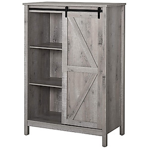 HOMCOM Farmhouse Accent Cabinet, Kitchen Cupboard Storage Cabinet with Barn Door and Adjustable Shelf, Gray Oak