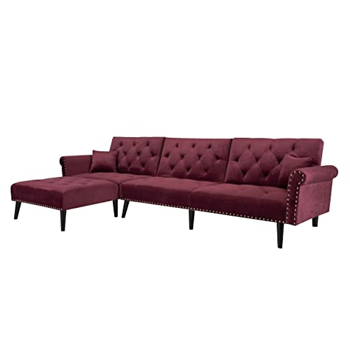 ATY Sectional Convertible Futon Sofa Bed, L-Shaped Couch with 2 Pillows and Reversible Chaise Lounge, Velvet Nailhead Decor Livingroom Furniture, 115", Red