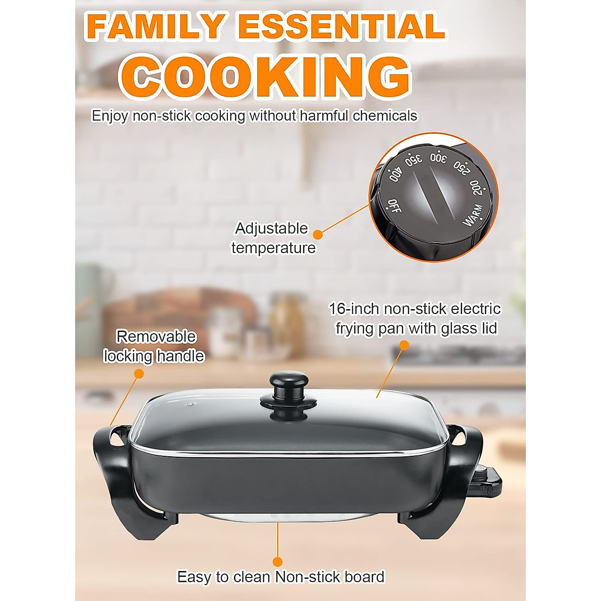 Extra Deep Electric Skillet Nonstick - 16 Inch Frying Pan With Glass lid, Server for 4 Perple or Family, for Frying, Steaming, Boiling, Easy to Clean,Dishwasher Safe