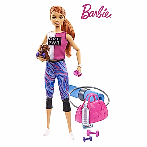 Barbie Doll, Red-Haired Fitness Doll with Puppy & 9 Accessories Including Yoga Mat with Strap, Hula Hoop, Weights & Bag