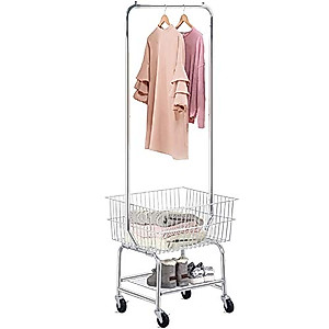 Topeakmart Wire Commercial Rolling Laundry Cart Bulter Garment Rack,Laundry Butler Storage Rack,w/Hanging Wire Rack Wash Basket/Bag Mesh Collapsible Racks on Wheels