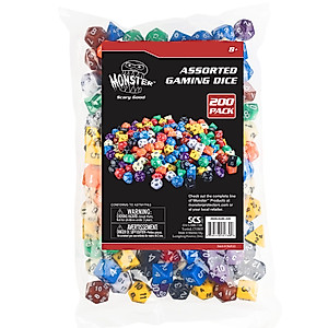 Monster Gaming 200 Dice Value Pack - 10 Multi-Colored Assorted Polyhedral Die, Compatible with Dungeons Dragons, MTG Magic, RPG DND & Board Games- Includes D4, D6, D8, D10, D12, D20