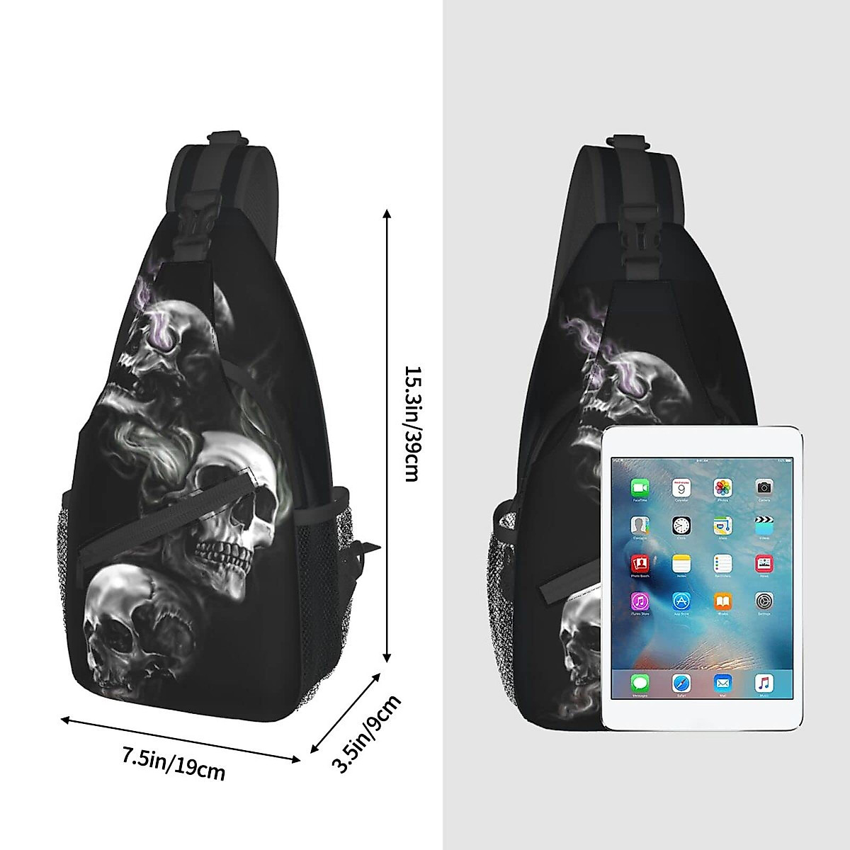 Heisin Black Skull Shoulder Chest Casual Bags Crossbody Sling Backpack With Adjustable Strap Daypack For Men And Women Travel Hiking Climbing Rucksack One Size