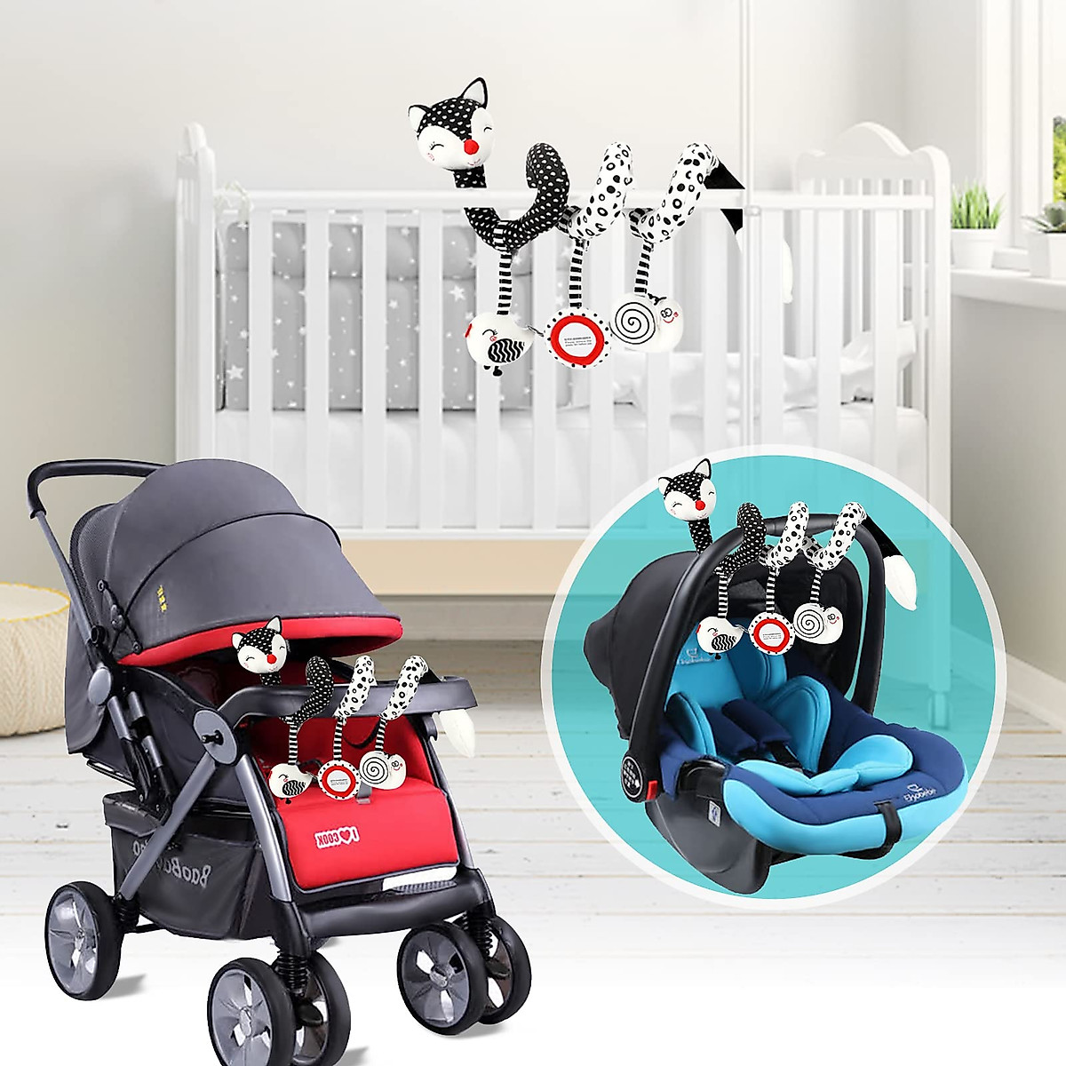 KKUYT Car Seat Toy for Baby, Infant Baby Spiral Plush Toys Stroller Toys Hanging Crib Activity Toy for Crib Bed Stroller Car Seat, Hanging Rattle Toy for 0-12 Months Newborn Baby-Black & White Fox