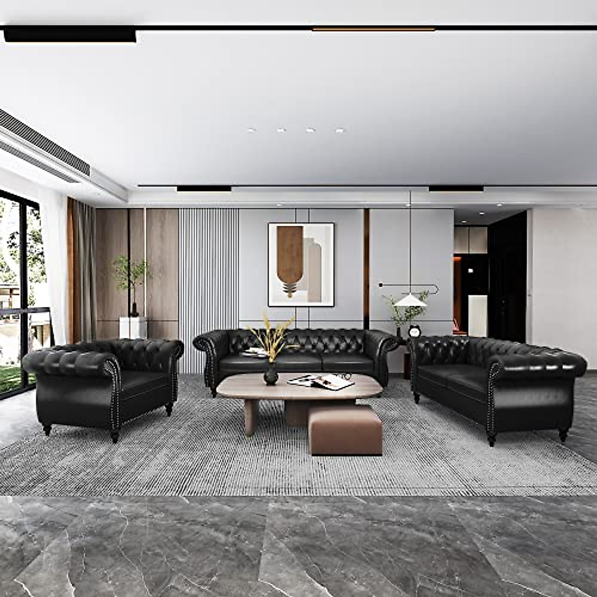 wirrytor Chesterfield Classic Sofa, Modern Leather 3 Seater Sofa, Upholstered Tufted Back Settee Couch with Rolled Arms Nailhead Trim for Living Room Bedroom(Black)