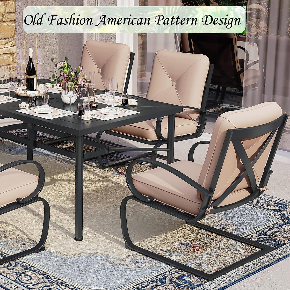 MFSTUDIO 2PCS Patio Bistro Dining Spring Motion Chairs Outdoor Furniture for Backyard, Garden with Removable Cushion Seat, Metal Frame, Beige