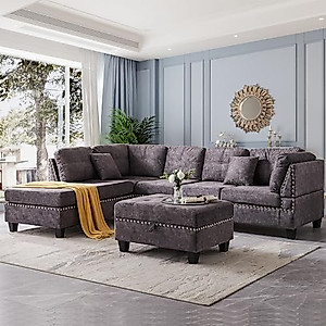 UBGO Living Room Furniture Sets,Modular Sectional Sofa Set,L-Shape Couch Set with Storage Ottoman and Two Small Pillow,Sofas & Couches with Reversible Chaise for Large Space Dorm Apartment-Gray