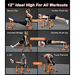 TABEKE Push Up Bar, 12" High Parallettes Bars & Dip Bar With Full-Cover Foam Handles, No Wobbling Calisthenics Equipment For Handstand, L-Sit, Gymnastics, Strength Training Home Gym