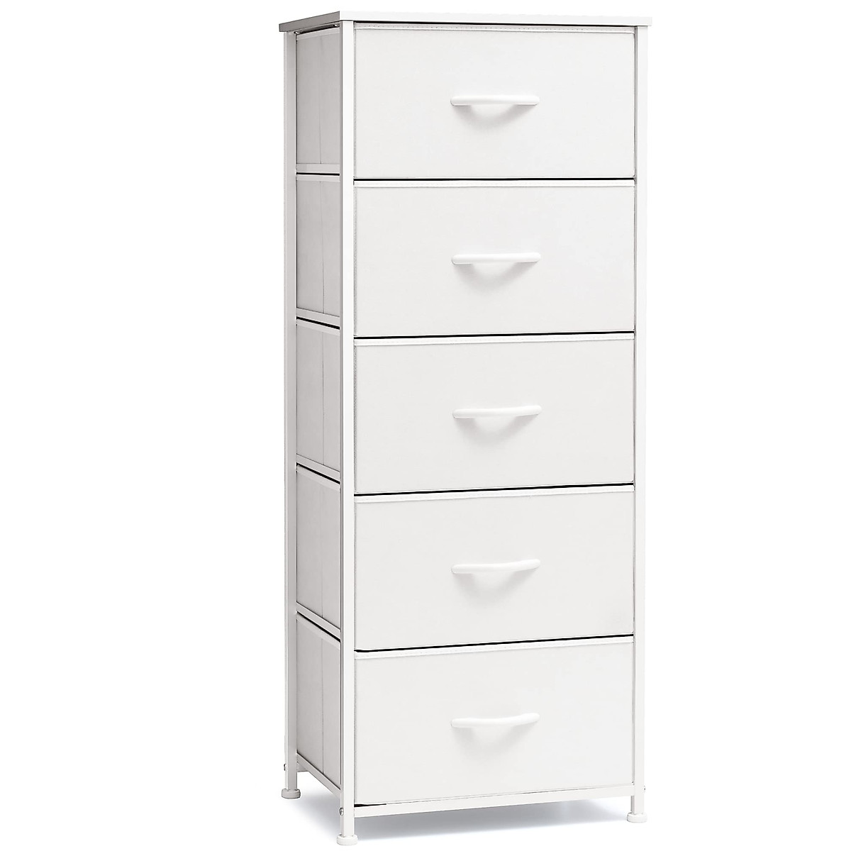 Crestlive Products Tall Dresser Vertical Storage Tower - Sturdy Steel Frame, Wood Top, Easy Pull Fabric Bins - Organizer Unit for Bedroom, Hallway, Entryway, Closets - 5 Drawers(White)