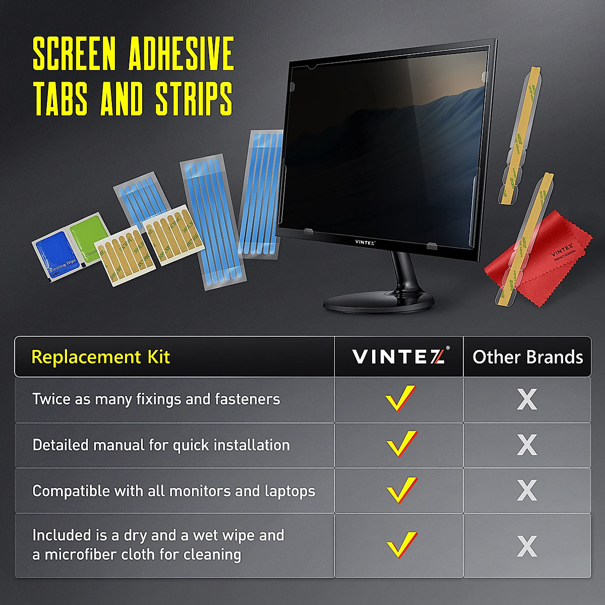VINTEZ Privacy Screen Adhesive Tabs and Strips for Computer Monitors and Laptops - Replacement kit