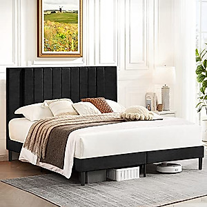 Flolinda King Size Platform Bed Frame with Velvet Upholstered Headboard and Wooden Slats Support, Fully Upholstered Mattress Foundation/No Box Spring Needed/Easy Assembly, Black