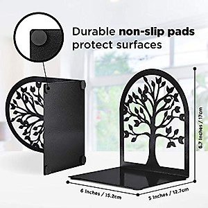 MAXFOUNDRY Bookends Pair - Book Ends to Hold Books, Tree of Life - Home, Office & Bookshelf Decorative Book Stopper - Rust-Proof Metal & Anti-Slip - Shelves Bookend Holder - Black