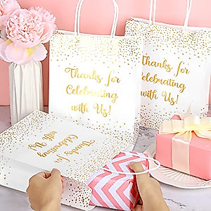 MIMIND 36 Pieces Wedding Welcome Gift Bags for Hotel Guests, Thanks for Celebrating with Us Gold Foil Party Favor Bags with Handles for Wedding, Birthday, Baby Shower (White, 10 x 8 x 3 Inches)