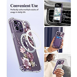 GVIEWIN for iPhone 14 ProMax Case Compatible with MagSafe, [Screen Protector + Camera Lens Protector] [MIL-Grade Protection] Magnetic Floral Clear Shockproof Women Phone Case for 14 Pro Max(Purple)