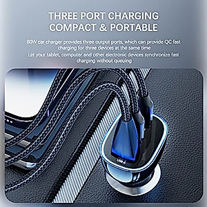 80W Car Charger, 3-Port Super Fast Car Charger USB Adapter Fast Charging, PD3.0 &QC3.0 Type C Car Charger Cigarette Lighter USB Charger for iPhone 14/13/12 Pro Max/Pro/Samsung Galaxy 22/Google Pixel