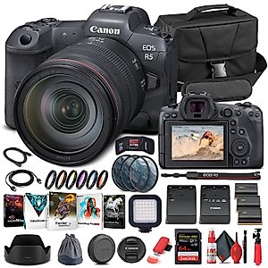 Canon EOS R5 Mirrorless Digital Camera with 24-105mm f/4L Lens (4147C013) + 64GB Memory Card + Case + Corel Photo Software + 2 x LPE6 Battery + External Charger + Card Reader + Light + More (Renewed)