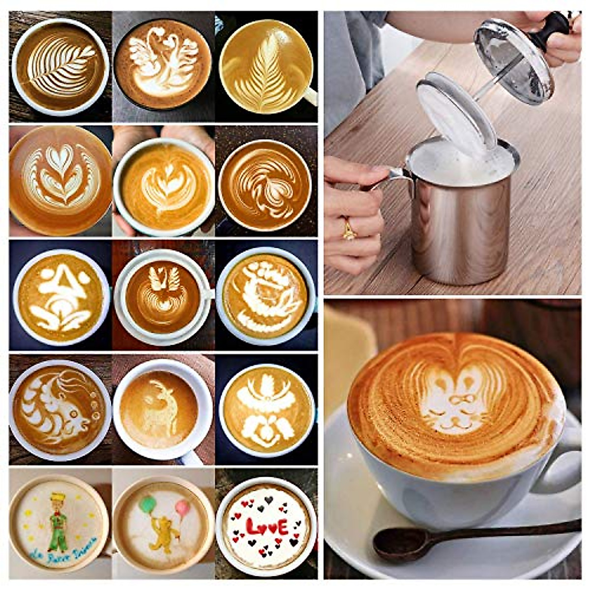 Manual Milk Creamer Hand Pump Frother Cappuccino Latte Coffee Foam Pitcher with Handle, Lid, Double Layer Filter Screen, Stainless Steel, 17-Ounce Capacity (500ml)