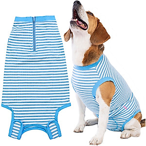 Wabdhally Dog Surgery Recovery Suit,Surgical Suit for Large Female Spay,Soft Combed Cotton,Blue Striped Zipper Onesie L